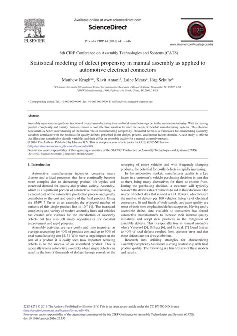 PDF Statistical Modeling Of Defect Propensity In Manual Assembly As Applied To Automotive