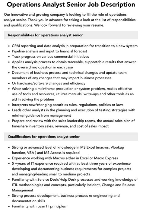 Operations Analyst Senior Job Description Velvet Jobs