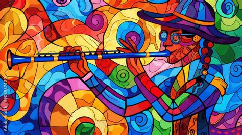 This Vibrant Artwork Depicts A Jazz Musician Playing A Clarinet Their