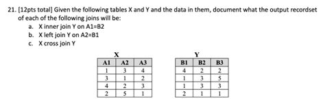 Solved 21 12pts Total Given The Following Tables X And Y
