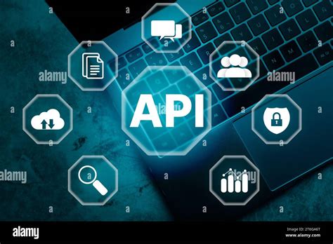 Top Viw Photo Of Laptop With Api Word On Vr Screen And Multimedia Icons