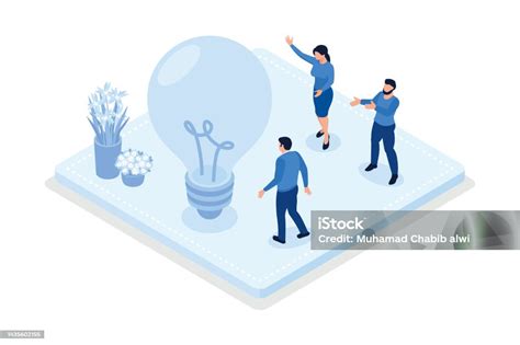 전구 근처에 서서 성공을 축하하는 캐릭터 아이소메트릭 벡터 현대 그림 개념에 대한 스톡 벡터 아트 및 기타 이미지 개념 개념과 주제 개발 Istock