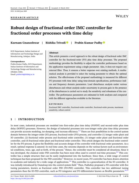 Pdf Robust Design Of Fractional Order Imc Controller For Fractional Order Processes With Time