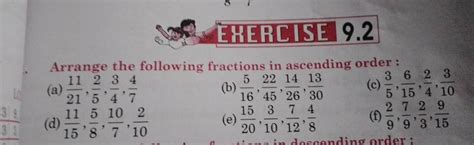 Ehercise 9 2 Arrange The Following Fractions In Ascending Order Filo