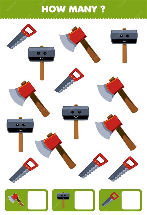 귀여운 만화 도끼 망치의 개체 수를 검색하고 세는 어린이를 위한 교육 게임은 인쇄 가능한 도구 워크시트를 보았습니다 프리미엄 벡터