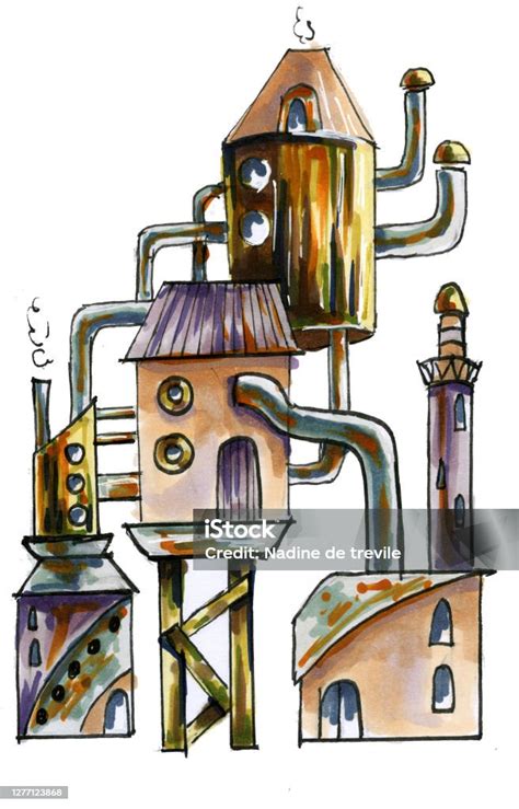 스팀펑크 아키텍처 스팀펑크에는 기계적인 요소 파이프 및 기어가 있습니다 손으로 그린 수채화 스케치 흰색 배경 위에 격리 환상적인 집 강에 대한 스톡 벡터 아트 및 기타