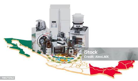 멕시코지도에 부엌과 가전 제품 생산 쇼핑 및 배달 개념 흰색 배경에서 격리된 3d 렌더링 3차원 형태에 대한 스톡 사진 및 기타 이미지 Istock
