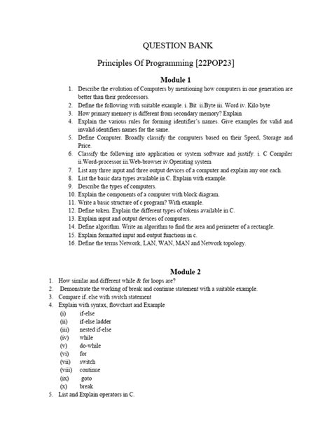 Module Wise Question Bank Pop Pdf Pointer Computer Programming