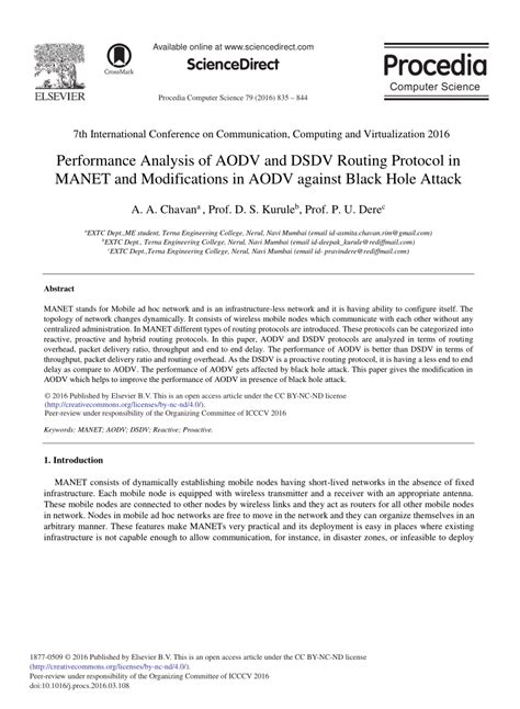 Pdf Performance Analysis Of Aodv And Dsdv Routing Protocol In Manet And Modifications In Aodv