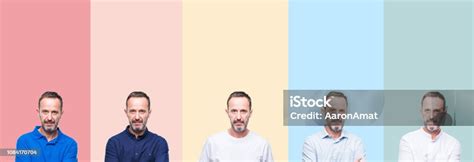 다채로운 줄무늬에 수석 노인의 잘생긴 남자의 콜라주 배경 편안한 얼굴에 심각한 표정으로 고립 간단 하 고 카메라를 보고 자연 구도에 대한 스톡 사진 및 기타 이미지 Istock