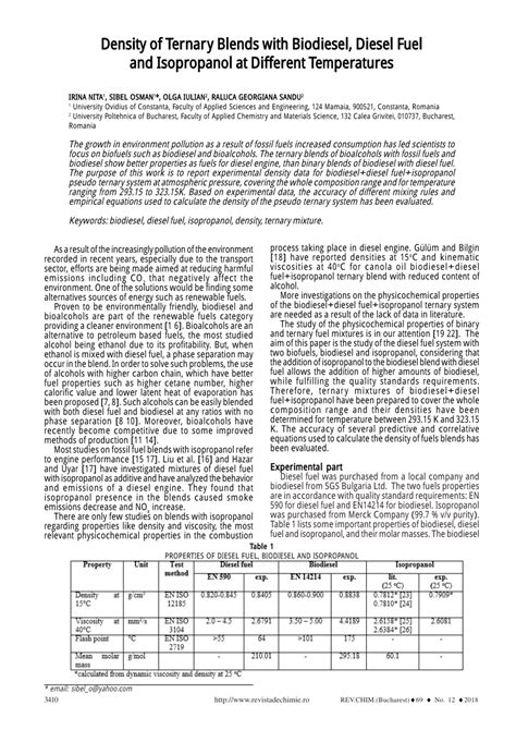 Pdf Density Of Ternary Blends With Biodiesel Diesel Fuel And Isopropanol At Different