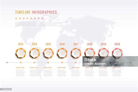 육각 형 요소 연도 표시 및 배경에 세계지도와 현대 기업 역사 시각화 현실적인 3d 비즈니스 데이터 인포 그래픽 벡터 회사 프리젠 테이션 슬라이드 템플릿 Eps 10 0명에