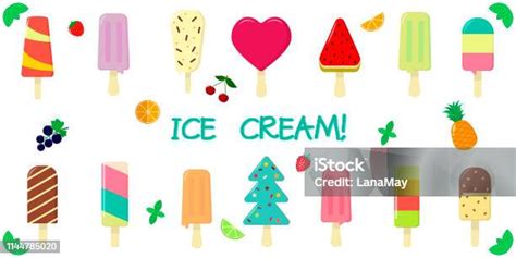 막대기에 과일과 초콜릿 맛 흰색 배경과 텍스트에 육즙 과일과 열매와 다양 한 달콤한 아이스크림의 14 종류의 집합 컬렉션입니다 평면 스타일 벡터 일러스트 0명에 대한 스톡