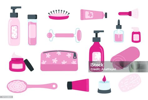 트렌디한 핑크색 뷰티 제품과 스킨케어 요소를 플랫 스타일로 꾸며보세요 크림 화장품 가방 브러쉬 바비코어 스타일의 촛불 화장품 가방에 대한 스톡 벡터 아트 및 기타 이미지