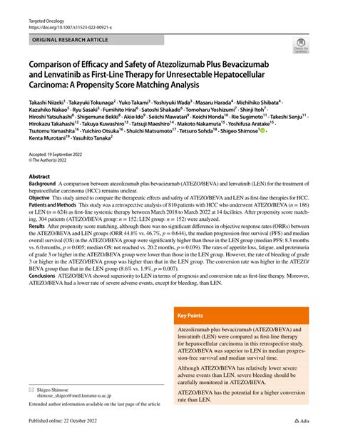 Pdf Comparison Of Efficacy And Safety Of Atezolizumab Plus Bevacizumab And Lenvatinib As First