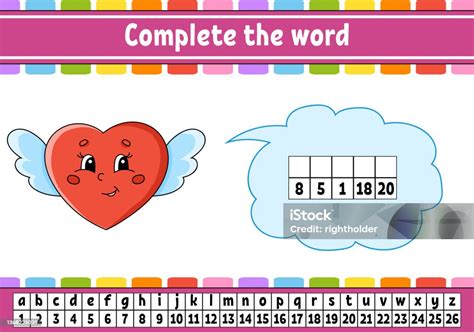 단어를 완료합니다 암호 코드 어휘와 숫자를 학습 교육 워크 시트 영어 공부를 위한 액티비티 페이지 격리된 벡터 그림입니다 만화 캐릭터 0명에 대한 스톡 벡터 아트 및 기타