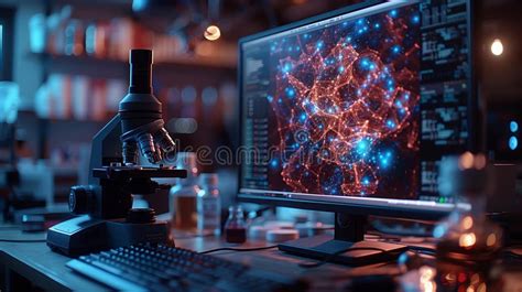 A Traditional Microscope And Computer Screen Displaying A Complex Network In A Scientific