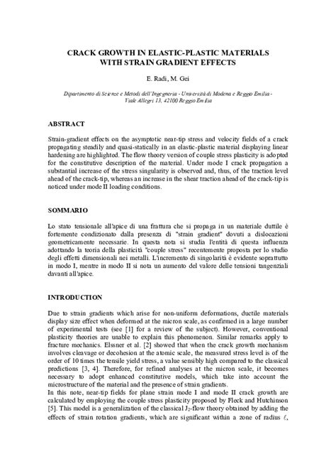 Pdf Crack Growth In Elastic Plastic Materials With Strain Gradient Effects Enrico Radi And