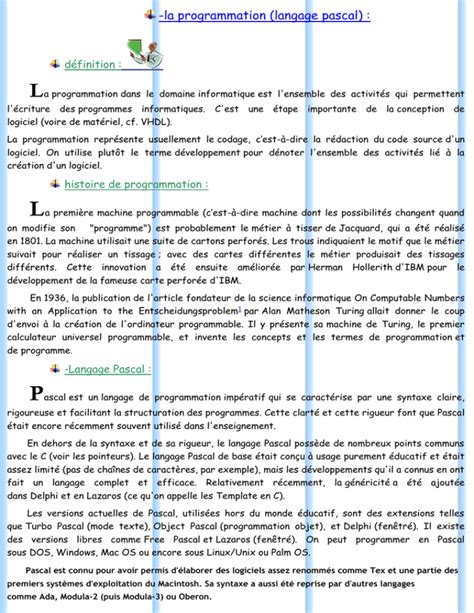 La Programmation Langage Pascal Définition La Programmation