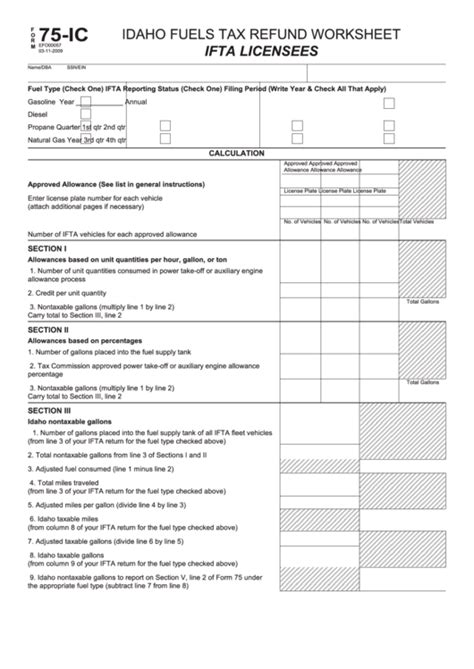 Form 75 Ic Idaho Fuels Tax Refund Worksheet Ifta Licensees Printable Pdf Download