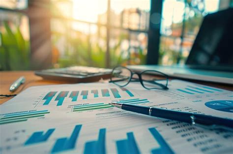 A Laptop And A Pair Of Black Pens Are On A Table With A Stack Of Graphs Premium Ai Generated Image