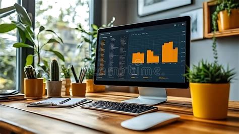 Modern Workspace Featuring Computer Displaying Data Analytics And