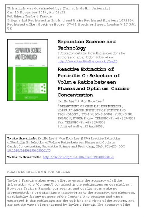 Pdf Reactive Extraction Of Penicillin G Selection Of Volume Ratios