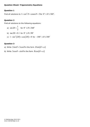 A2 Trigonometry Revision Notes And Questions Teaching Resources