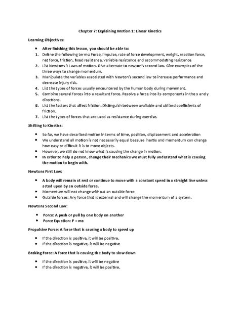 Chapter 7 Explaining Motion Linear Kinetics Chapter 7 Explaining