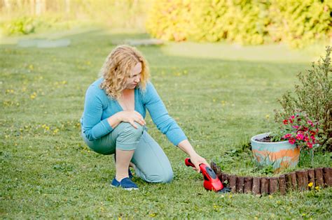 전기 전 정가 위 정원에서 일 하는 여자 화창한 저녁에 야외 정원에서 팰 리세 이드 꽃 침대 롤의 측면에서 잔디밭을 트리밍 배터리 전원에 대한 스톡 사진 및 기타 이미지