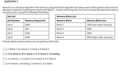 Solved Question 3 Next Fit Is An Allocation Algorithm That