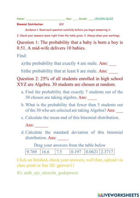 Binomial Distribution G12 Worksheet Live Worksheets Worksheets Library