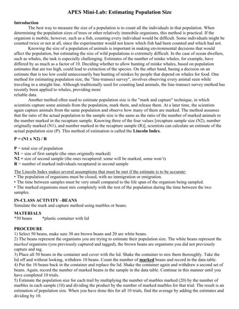 Population Estimation Mark And Recapture Mini Lab