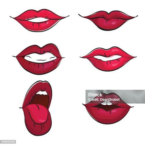 다른 감정을 표현 하는 아름 다운 여성 입술 모방 설정된에 고립 된 흰색 배경 벡터 일러스트 레이 션 감정에 대한 스톡 벡터