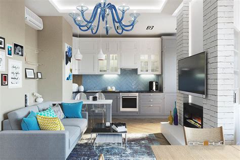 Дизайн интерьера кухни в стиле фьюжн в однокомнатной квартире Цвета белый серый бежевый