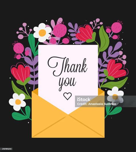 검은 배경에 추상적 인 꽃과 편지를 가진 인사말 엽서를 그립니다 고맙습니다 문구 메시지 봉투가 있는 식물 꽃 프레임입니다 감사에 대한 스톡 벡터 아트 및 기타 이미지