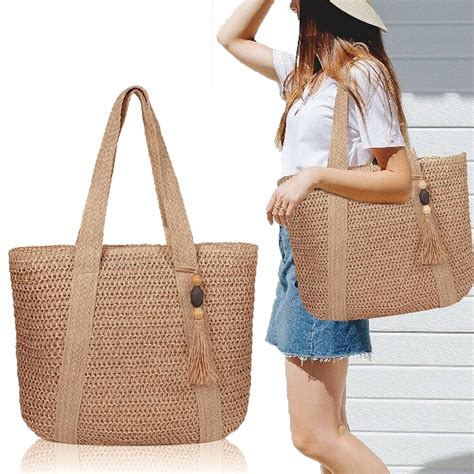 Shuwnd Large Straw Beach Bag Shoulder Tote With Tassels Woven Summer
