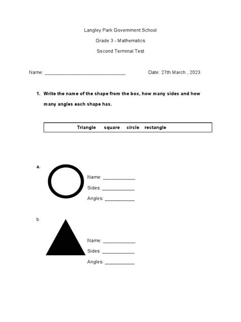 Grade 3 Mathematics Second Term Test Pdf Shape Euclidean Plane Geometry