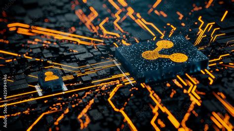 Network Technology Concept With Share Symbol On A Microchip Orange Neon Data Flows Between The