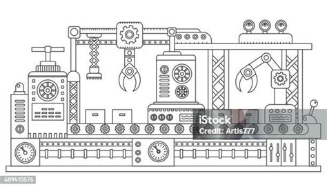 컴퓨터 제어 로봇 산업 조립 라인의 골 판지 상자 포장 공장 건설 기계 기술 장비 엔지니어링 개요 스트로크 벡터 일러스트 레이
