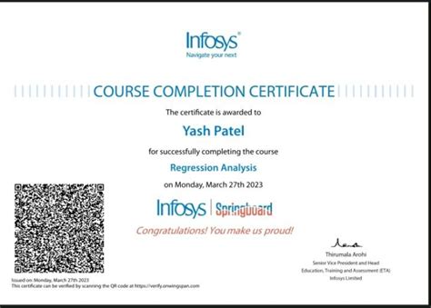 Yash Patel On Linkedin Regression Analysis Course Certificate From Infosys Private
