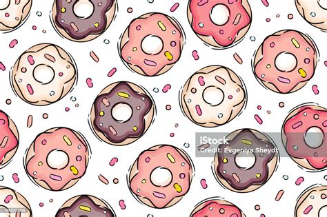 유약을 바른 화려한 도넛이 있는 매끄러운 패턴 흰색 배경입니다 만나고 인쇄 및 웹용 0명에 대한 스톡 벡터 아트 및 기타 이미지 0명 귀여운 다중 색상 Istock