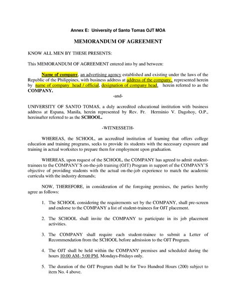 Memorandum Of Agreement Sample Ojt Annex E University Of Santo Tomas