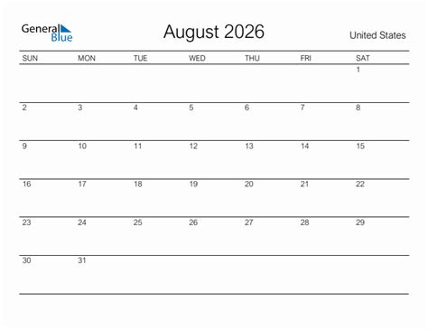 August 2026 Monthly Calendars With United States Holidays