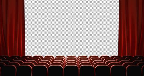 흰색 스크린 빨간 커튼과 좌석 열이 있는 영화관 영화관 후면 3d 렌더링 영화 시사회 밝은 빈 화면과 의자 등받이가 있는 럭셔리 클래식 인테리어 프리미엄 Psd 파일