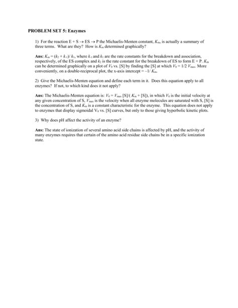 Enzyme Kinetics Michaelis Menten Problem Set