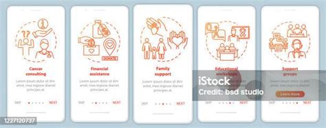 종양학 도움말 개념과 모바일 앱 페이지 화면을 온보딩 질병 치료 연습 5 단계 그래픽 지침 재정 지원 Rgb 색상 일러스트레이션이 있는 Ui 벡터 템플릿 0명에 대한 스톡