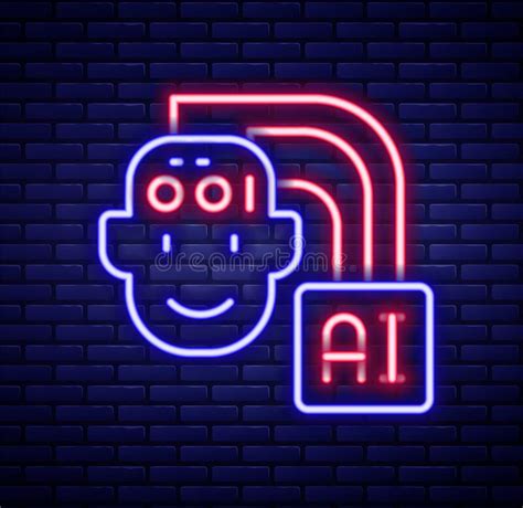 Glowing Neon Line Humanoid Robot Icon Isolated On Brick Wall Background