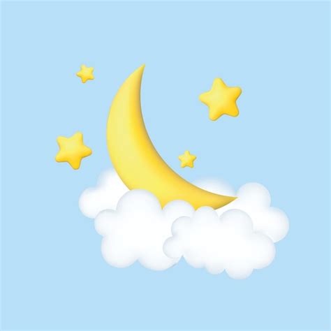 초승달 황금 별과 흰 구름 파란색 배경에 고립 된 3d 스타일 배너 소책자 포스터 벡터 일러스트 레이 션 꿈 자장가 꿈 배경 디자인 프리미엄 벡터