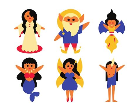 귀여운 만화 캐릭터 세트 동화 문자 벡터 일러스트 레이 션 프리미엄 벡터